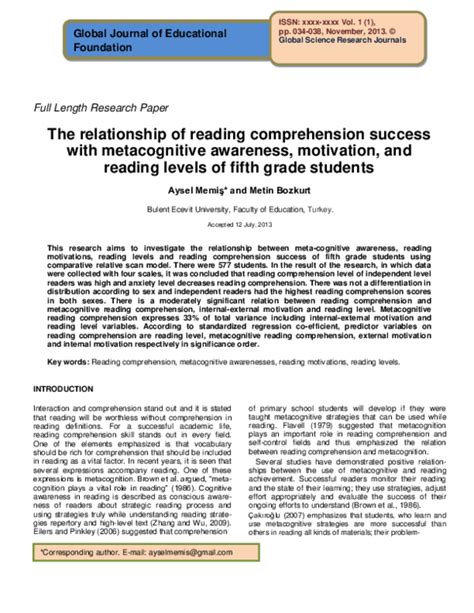 Pdf The Relationship Of Reading Comprehension Success With Metacognitive Awareness Motivation