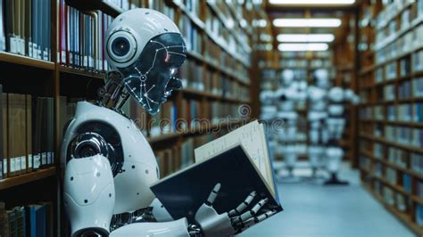 A Humanoid Robot Analyzing Complex Equations From A Book In Library Setting Illustrating Future