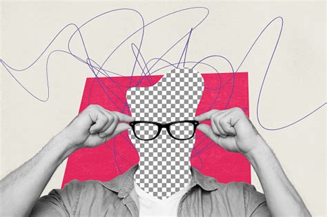 크리 에이 티브 콜라주 그림 그림 블랙 화이트 필터 캐리커처 머리가없는 벗다 안경 알 수없는 핑크 사각형 베이지 색 낙서 배경