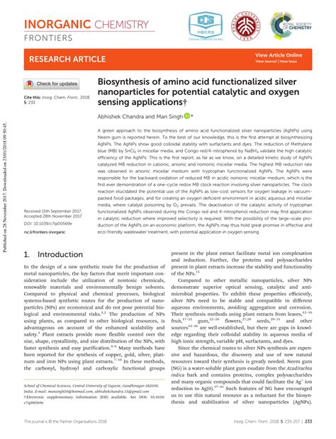 Pdf Biosynthesis Of Amino Acid Functionalized Silver Nanoparticles For Potential Catalytic And