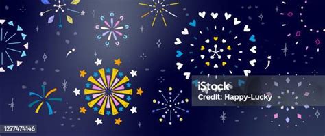 밤 하늘에서 아름다운 불꽃 놀이 파란색 배경에 화려한 폭죽 장식 손으로 그린 만화 예술 불꽃 놀이 축제 기념일 생일 우승자 벡터 그림입니다 0명에 대한 스톡 벡터 아트 및