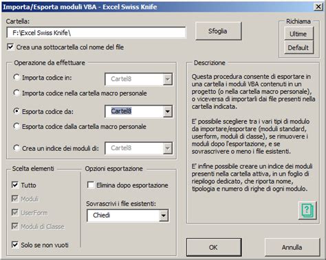 importa esporta moduli vba excel swiss knife
