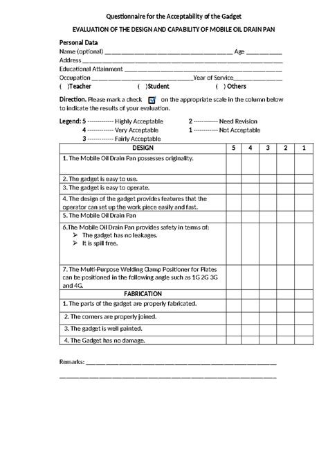 Practical Research Questionnaire For The Acceptability Of The Gadget Evaluation Of The Design