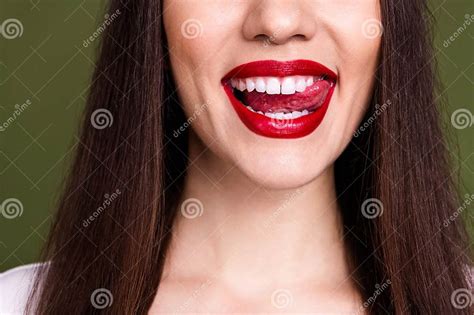 Cropped Photo Of Attractive Young Woman Tongue Lick Teeth Dressed