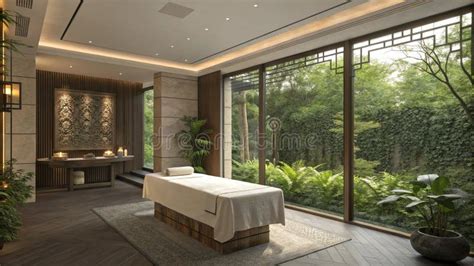 Luxurious Spa Setting Massage Table Tranquil Natural Environment Stock