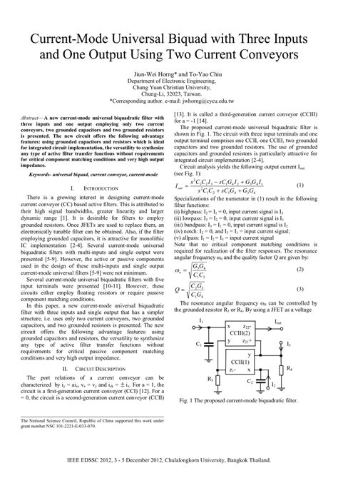 Pdf Current Mode Universal Biquad With Three Inputs And One Output Using Two Current Conveyors