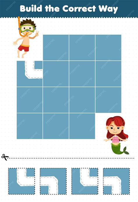 어린이를 위한 교육 게임은 귀여운 만화 다이버가 인어 인쇄 가능한 수중 워크시트로 이동하는 데 도움이 되는 올바른 방법을 구축합니다 프리미엄 벡터