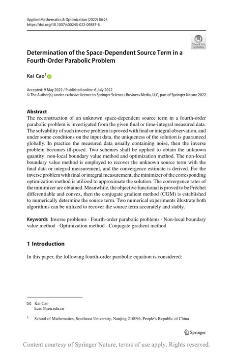 Determination Of The Space Dependent Source Term In A Fourth Order Parabolic Problem Request Pdf