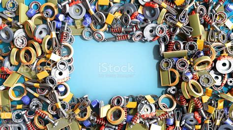 자동차 부품은 파란색 그라데이션에 배경 3d 렌더링으로 바닥에 놓여 광고에 대한 스톡 사진 및 기타 이미지 광고 구도 디지털 생성 이미지 Istock