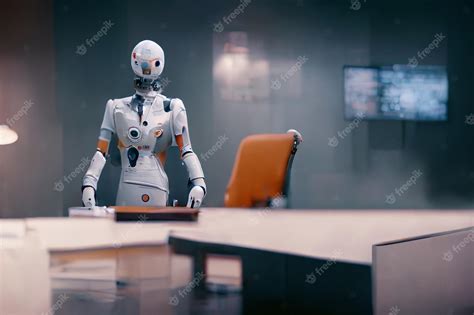 Premium Photo Futuristic Office With Robot Manager Worker Ai