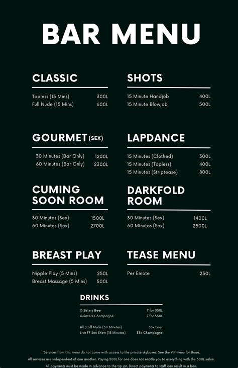 Rates And Menus Second Life Escort Services X Sisters Sex Bar Sl
