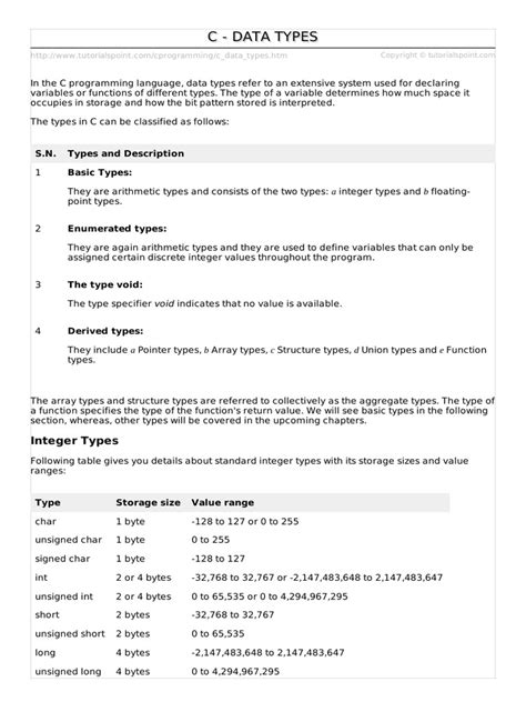 C Data Types Pdf Data Type Integer Computer Science