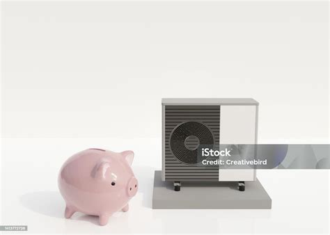 흰색 배경에 공기 열 펌프와 돼지 저금통 현대적이고 환경 친화적 인 난방 공기 소스 히트 펌프로 비용을 절약하십시오 무료 텍스트 광고를위한 복사 공간 3d 렌더링 열펌프에