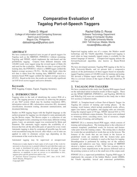 Pdf Comparative Evaluation Of Tagalog Part Of Speech Taggers