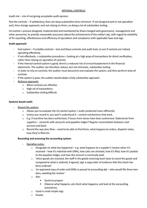 Lecture Notes Internal Controls INTERNAL CONTROLS Audit Risk Risk Of Not Giving Acceptable