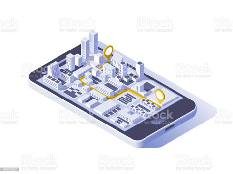 모바일 Gps 그리고 추적 개념입니다 아이소메트릭 도시 지도 배경에 터치 스크린 스마트폰 위치 추적 응용 프로그램 3 차원 벡터