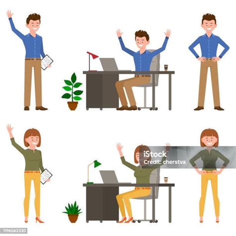 매우 행복 미소 사무실 남자와 여자 벡터 그림 서 있는 쪽 정면 손을 흔들며 인사 엉덩이에 손을 젊은 남성과 여성 만화 캐릭터 설정 흰색 사람들에 대한 스톡 벡터 아트 및