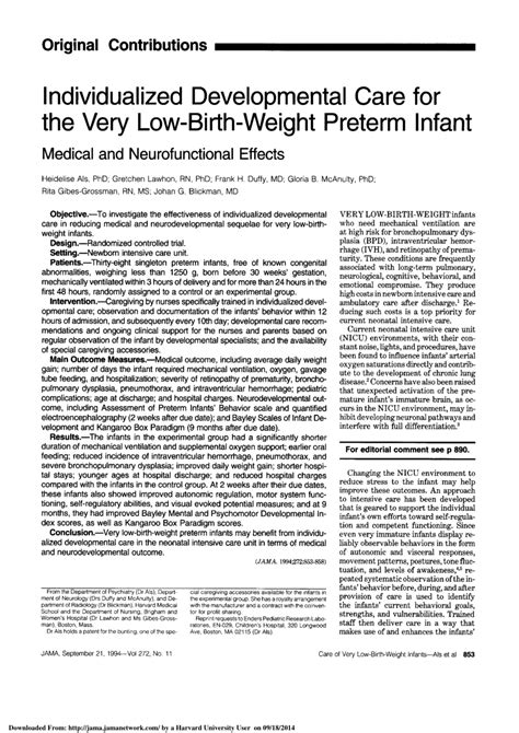 Pdf Individualized Developmental Care For The Very Low Birth Weight