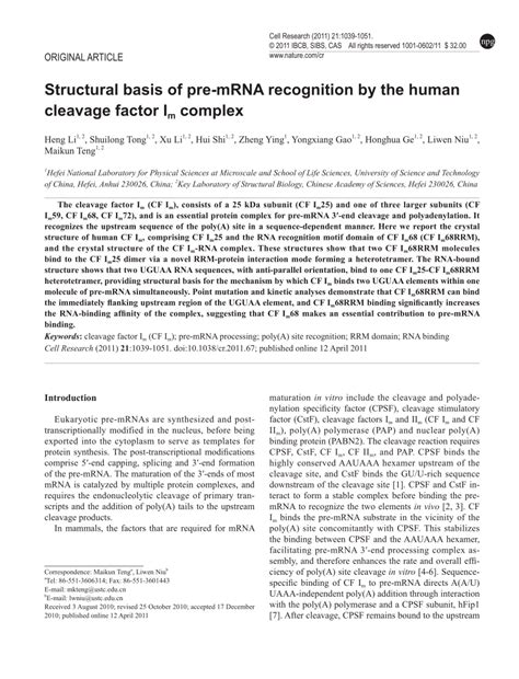 Pdf Structural Basis Of Pre Mrna Recognition By The Human Cleavage Factor Im Complex