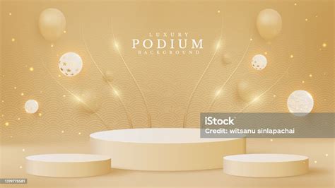골든 라인 반짝임과 우아한 공을 가진 사실적인 크림 색 제품 연단 럭셔리 3d 스타일 배경 컨셉 3차원 형태에 대한 스톡 벡터 아트 및 기타 이미지 Istock
