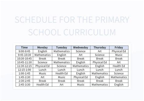 Optimal Timetable For Primary School Curriculum Excel Template Free