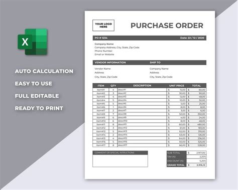 Purchase Order Excel Template Auto Calculation Editable Invoice