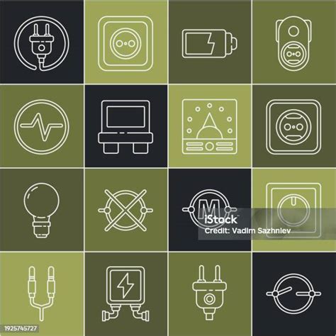 전기 회로 구성표 전등 스위치 전기 콘센트 배터리 충전량 표시기 퓨즈 플러그 및 암페어 미터 멀티 미터 전압계 아이콘을