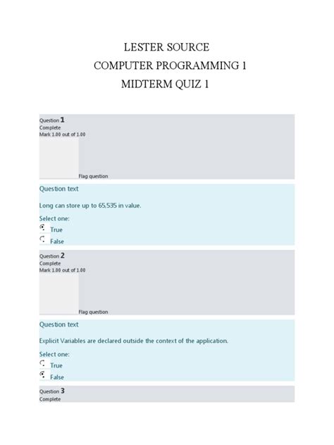 Lester Source Computer Programming 1 Midterm Quiz 1 Question Text Pdf