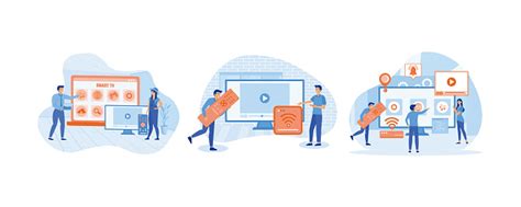 메뉴 노트북의 스마트 Tv 작은 사람들은 원격 제어와 텔레비전 멀티미디어 박스로 비디오를 시청합니다 작은 사람들 개념과 스마트 Tv 기술 세트 평면 벡터 현대 일러스트 레이