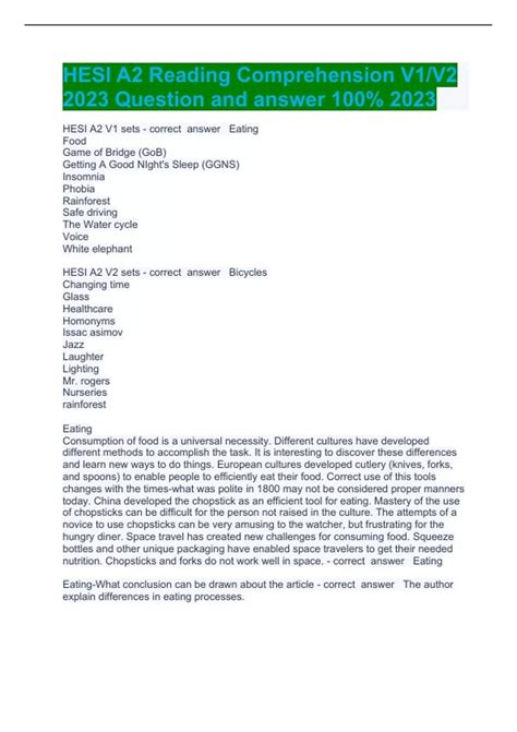hesi a2 reading comprehension v1 question and answers correctly solved