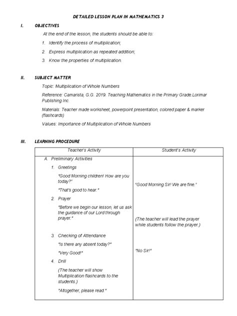 Detailed Math Lesson On Multiplication Pdf