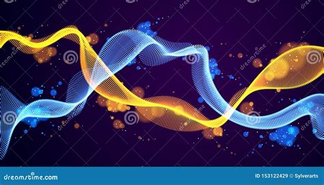 Dynamic Particles Mutual Sound Wave Flowing Over Dark Dotted Double Curves Vector Abstract