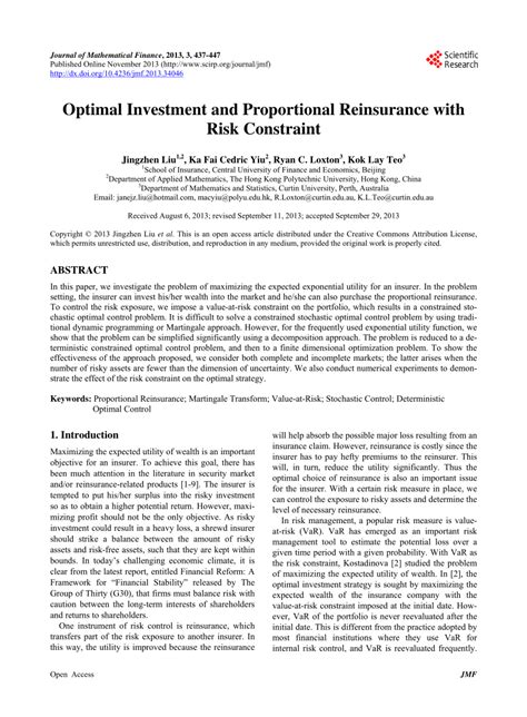 Pdf Optimal Investment And Proportional Reinsurance With Risk Constraint