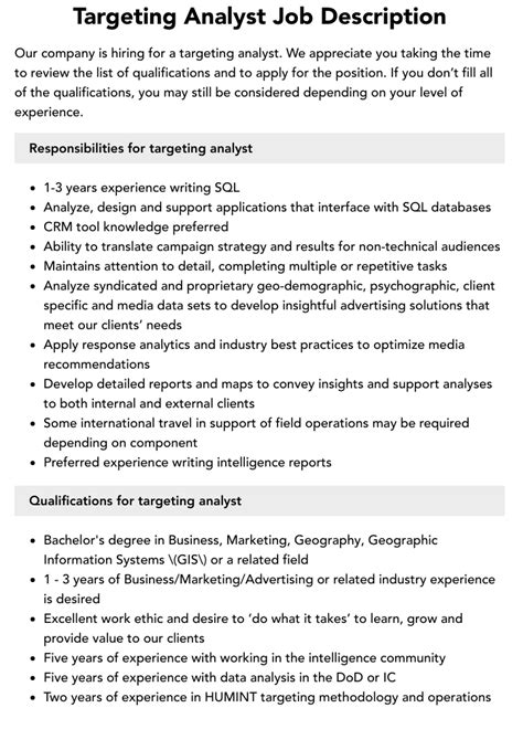 Targeting Analyst Job Description Velvet Jobs