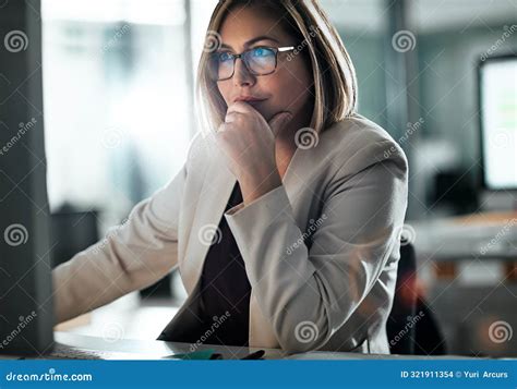 Computer Thinking And Business Woman Reading Email Planning Or Research In Office Idea
