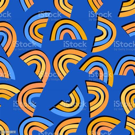 컬러 배경에 다채로운 무지개와 트렌디 한 원활 한 패턴 초대 포스터 카드 직물 직물 직물 직물을위한 디자인 아기를위한 귀여운 휴일 일러스트 스칸디나비아 낙서 스타일 0명에