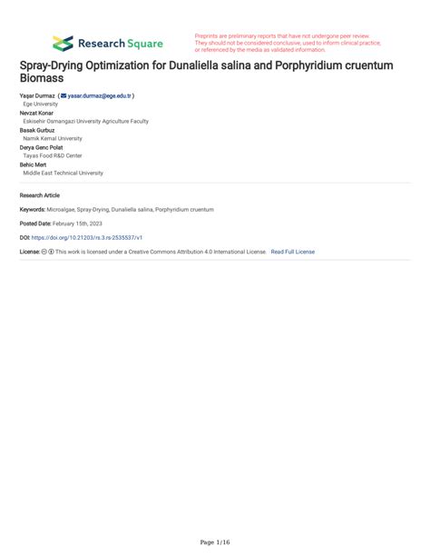 Pdf Spray Drying Optimization For Dunaliella Salina And Porphyridium Cruentum Biomass