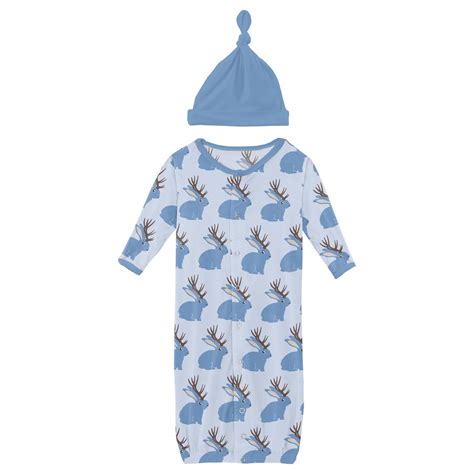 Print Layette Gown Converter And Single Knot Hat Set In Dew Jackalope