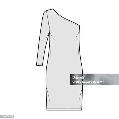 드레스 원 숄더 테크니컬 패션 일러스트와 긴 소매 오버사이즈 바디 무릎 길이 펜슬 스커트 의류 0명에 대한 스톡 벡터 아트 및 기타 이미지 Istock