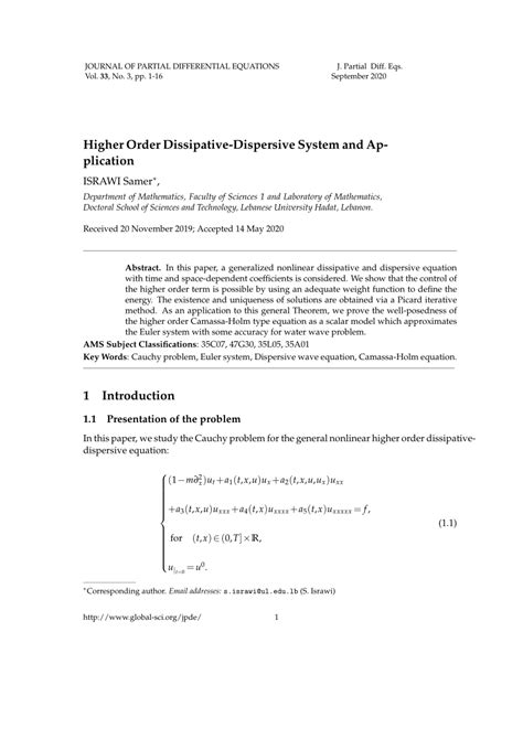 Pdf Higher Order Dissipative Dispersive System And Ap Plication