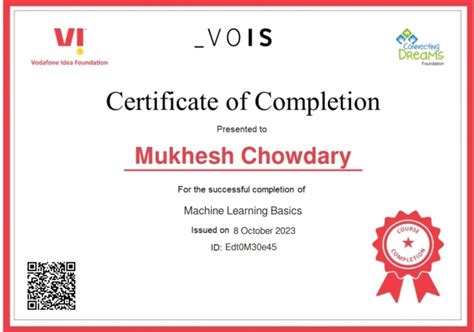 Mukesh Chowdary On Linkedin Completion Of Machine Learningbasic Concepts In Vois For