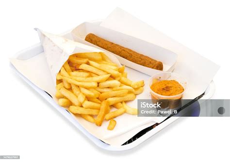 Frikandel With Sauce And French Fries Isolated On White Background