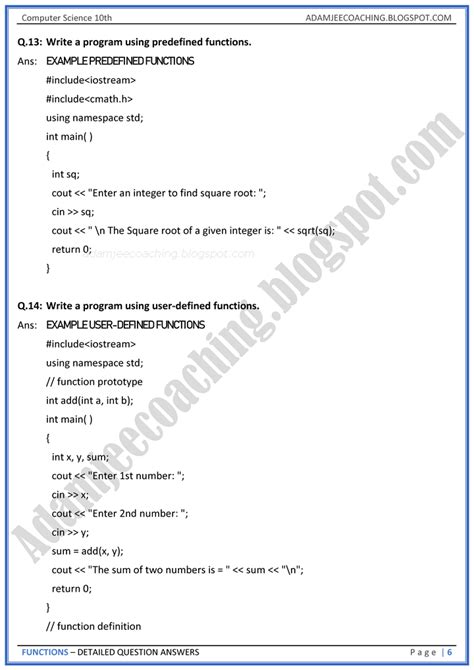 Adamjee Coaching Functions Detailed Question Answers Computer Science Th