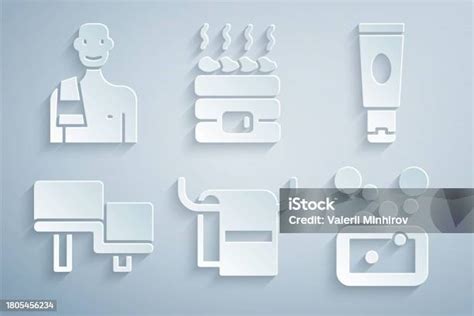 옷걸이에 수건 크림 또는 로션 화장품 튜브 사우나 나무 벤치 비누 바 뜨거운 사우나 돌 및 아이콘의 남자 벡터 3차원 형태에