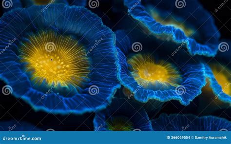 Blue And Yellow Microorganisms Are Showcased In A Microscopic View