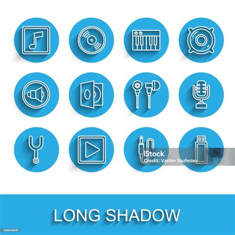 라인 뮤지컬 소리굽쇠 설정 정사각형 재생 음표 톤 오디오 잭 Usb 플래시 드라이브 비닐 디스크가 있는 비닐 플레이어 마이크 및 에어 헤드폰 아이콘 벡터 Usb 케이블에