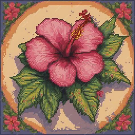 Handcrafted Pixel Art Cross Stitch Of A Vibrant Pink Hibiscus Flower