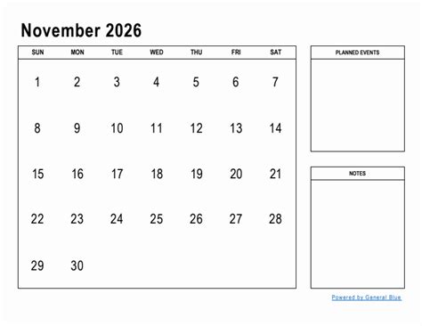 Printable November 2026 Calendar