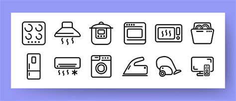 가전 제품 세트 아이콘입니다 스토브 추출기 후드 오븐 멀티 밥솥 세탁기 냉장고 에어컨 식기 세척기 전자 레인지 다리미 진공 청소기 Tv Cpu에 대한 스톡 벡터 아트 및