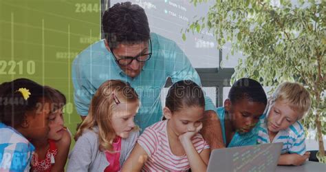 Image Of Graphs And Numbers Over Male Teacher And Diverse Pupils Using